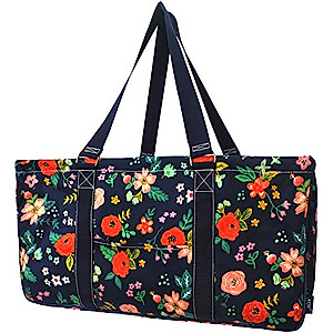 NGIL Extra Large Utility Tote Reusable Grocery Bag Oversized Collapsible for Groceries, Storage, Picnic, Beach (Floral Pattern-navy)