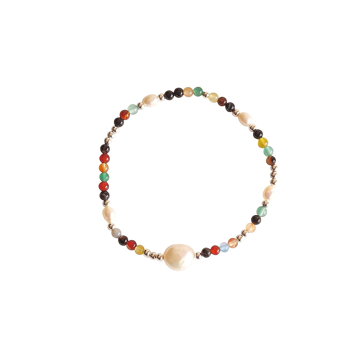 Handmade 925 Sterling Silver, Pearls and Multi Color Glass Beads Stretch Bracelet for women, Length 6.75 inches / 17CM, Dainty Beaded Bracelet Boho Jewelry, By MiYa Jewelry Creations