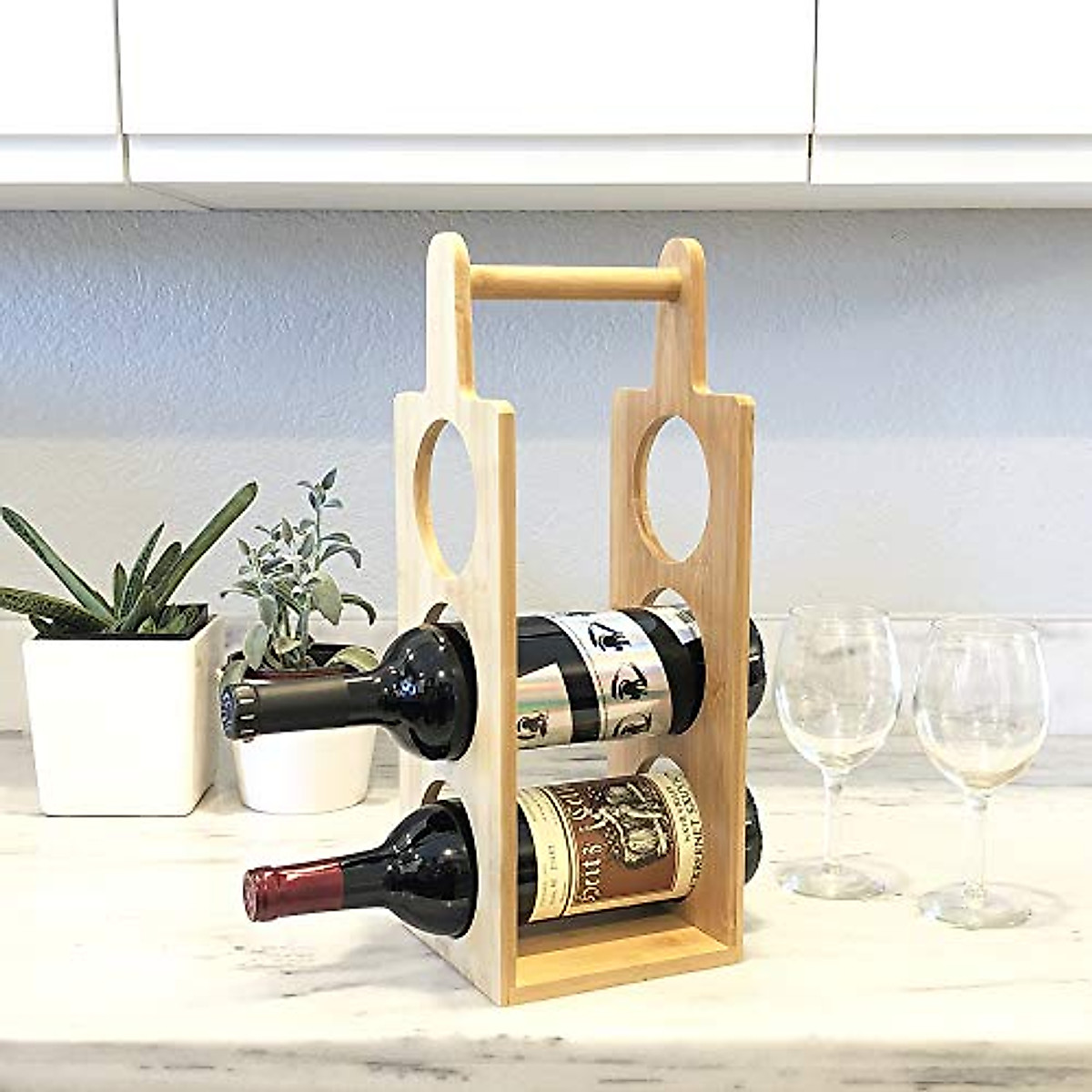 JB Home Collection 4574, Bamboo Wood 3 Bottle Wine Rack Display Stand for Table Countertop, Preassembled