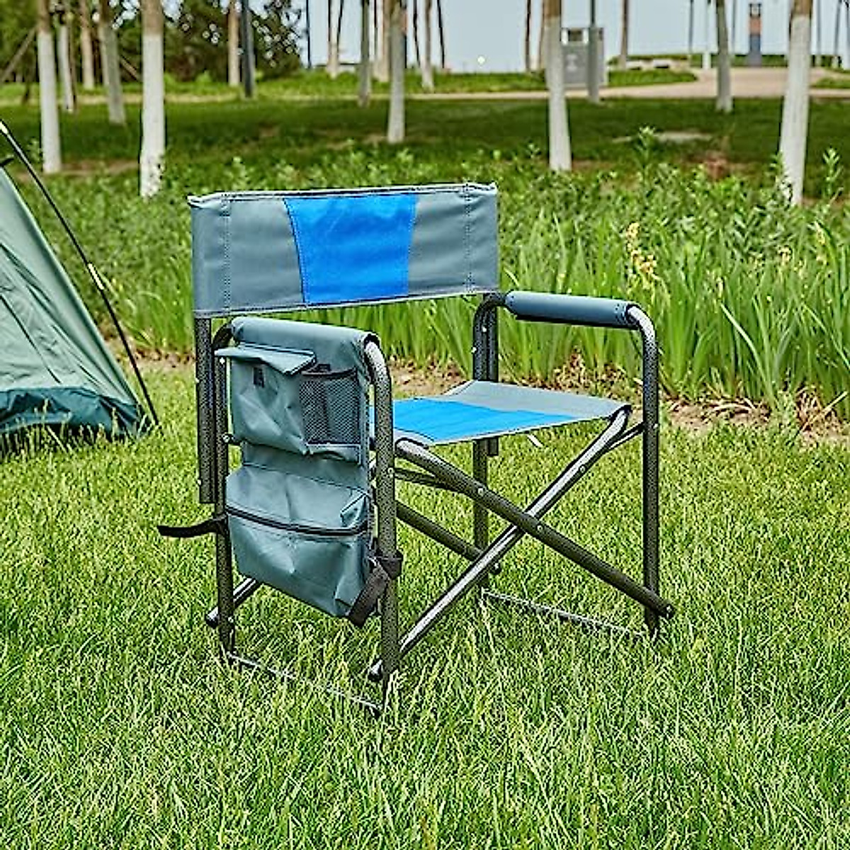 YISH W24178768 Portable Folding Compact Lawn Storage Pockets, Heavy Duty Lightweight Beach Chairs for Outdoor Camping Hiking Picnics Fishing Travel, Blue&Gray