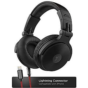 Thore Over Ear iPhone Headphones with Lightning Connector (Apple MFi Certified) – Closed Back Studio DJ Monitor Earphones (50mm Neodymium Drivers) (V200 Black/Red)