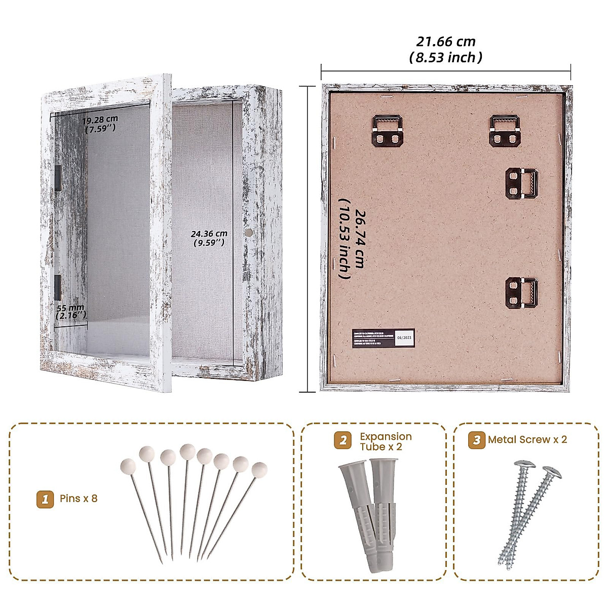 Muzilife 8x10 Shadow Box Picture Frame - 2.16" Interior Deep Wood & Glass Rectangle Display Case Ready to Hang Memory Box Baby Sports Memorabilia, Pins, Awards, Tickets, and Photos, Rustic White