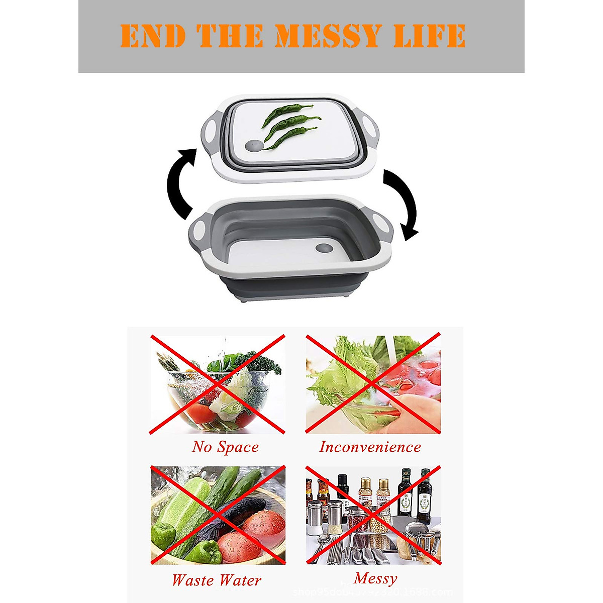 Girl and Cat Collapsible Cutting Board, Foldable Wash Basin with Colander Portable Washing Sink Silicone Dish Tub for Camping, Outdoor, BBQ, Kitchen, Picnic, Hiking, Gray