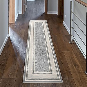 Ottomanson Machine Washable Bordered Design Non-Slip Rubberback 2x7 Traditional Runner Rug for Hallway, Kitchen, Bedroom, Living Room, 1'10" x 7', Light Gray