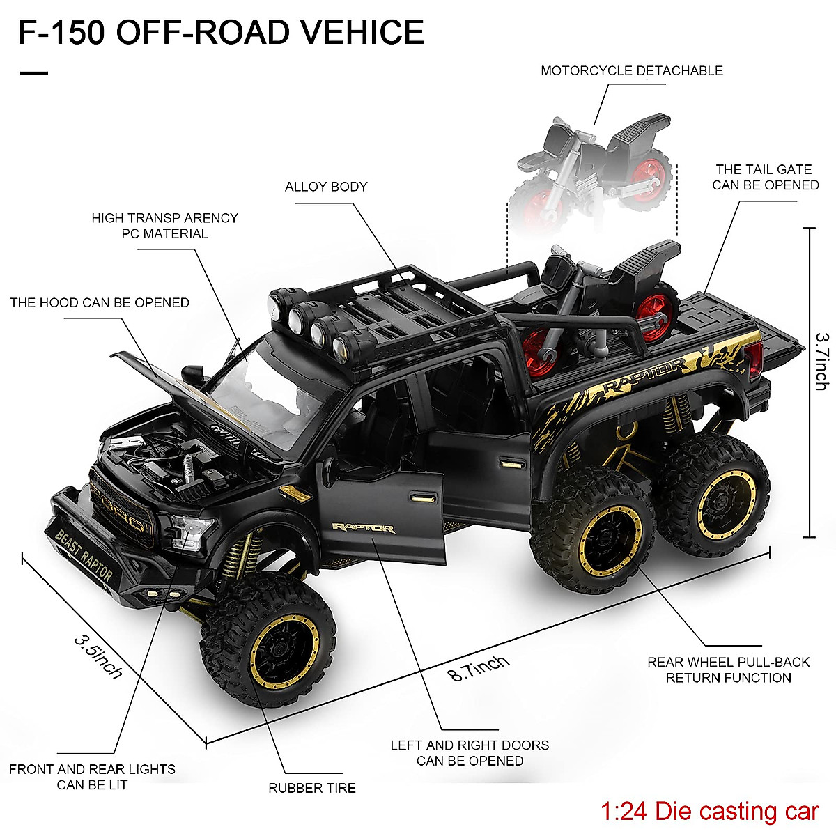 Diecast Pickup Truck Toy F150 Zinc Alloy Metal Model Car 1:24 Scale for Kids Toy Gift (Black)