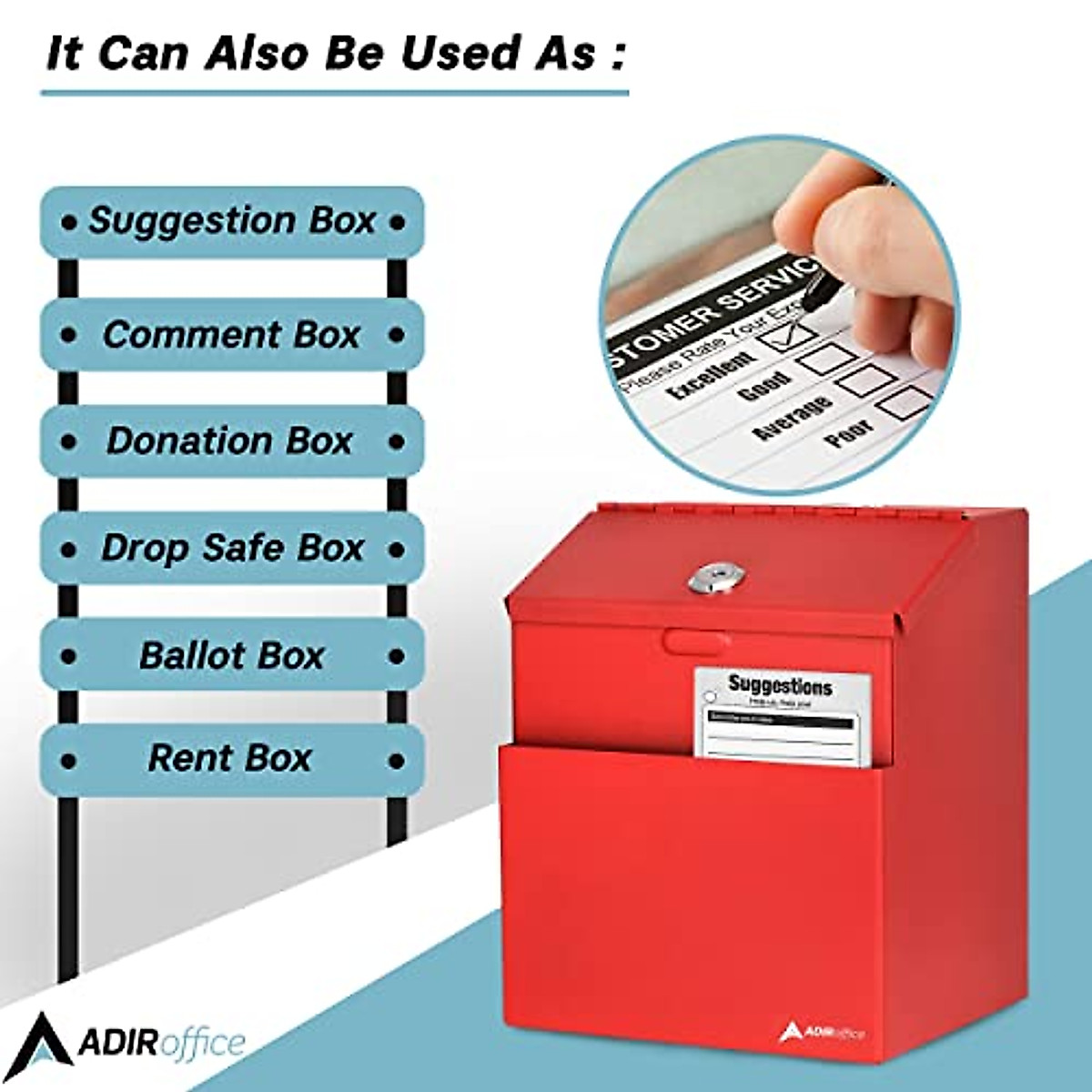 Adir Wall Mountable Steel Suggestion Box with Lock - Donation Box - Collection Box - Ballot Box - Key Drop Box - Safe Storage Box with 25 Suggestion Cards (Red)