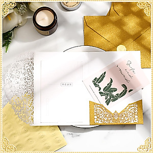 100 Set 5 x 7 Laser Cut Wedding Invitations with Envelopes and Wax Seal Stickers Pocket Wedding Invitation Cards Blank Invitation Kit for Wedding Bridal Shower Engagement Invite (Gold)