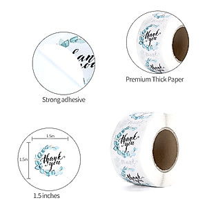Thank You Stickers Roll - 1.5 inch Blue Thank You Stickers Exquisite Greenery Turquoise Pattern roll, 500 Stickers per Roll, Thank You Stickers for Business Gift Bags Envelopes Journal Stickers