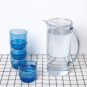 Unbreakable Stackable Plastic 3 QT Clear Pitcher and 4 Blue Tumbler Glasses Drinkware Set (Perfect for Iced Tea, Sangria, Lemonade) Dishwasher safe - top rack only