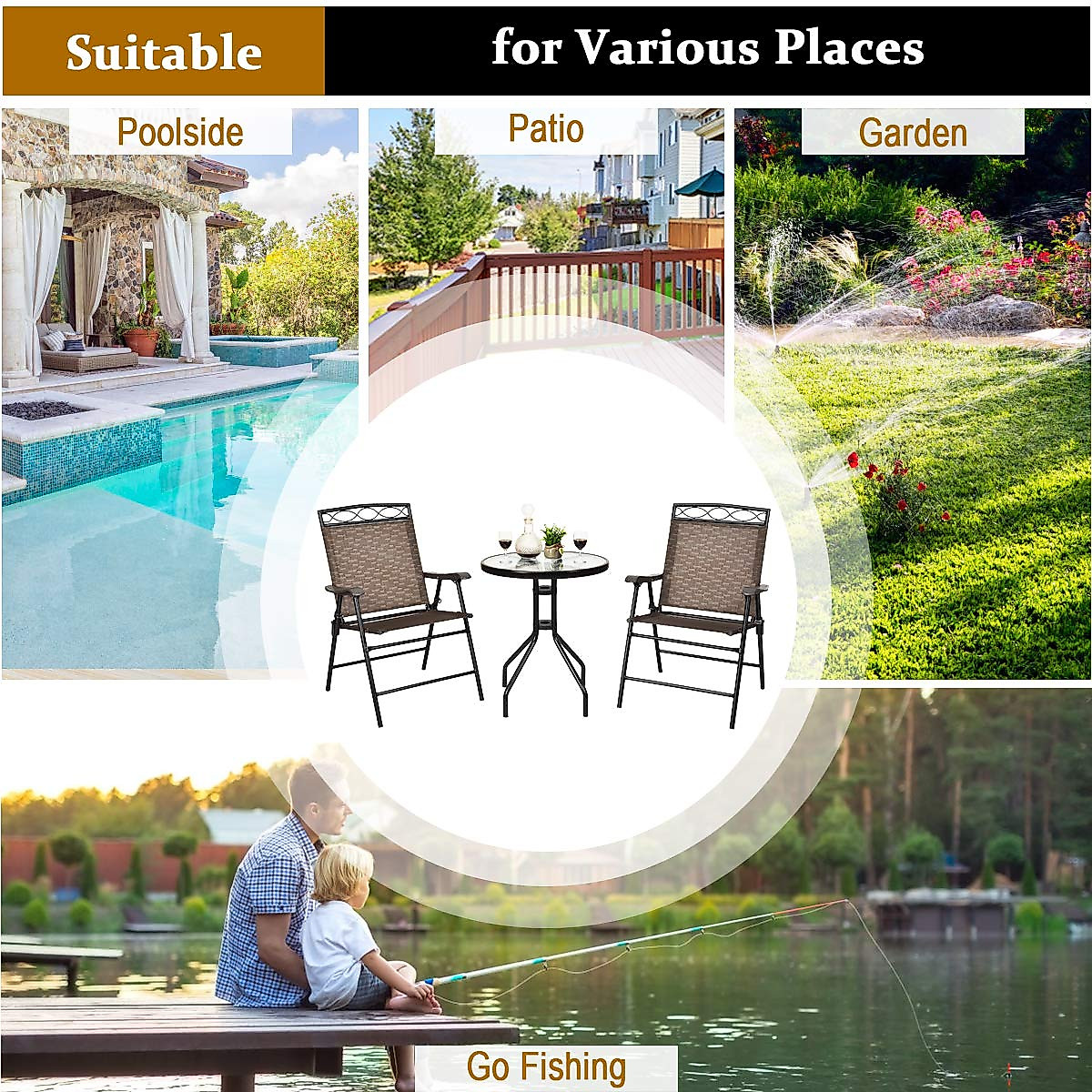 renatone 3 Piece Patio Bistro Set, Outdoor Bistro Dining Furniture Set Table & Folding Chairs for Garden, Pool, Backyard, Tempered Glass Tabletop with Umbrella Hole