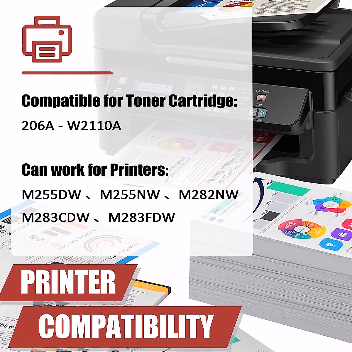 Replacement W2110A Toner Cartridges Compatible for HP 206A W2110A Toner Cartridge Work for HP Laserjet Pro M255DW M255NW M282NW M283CDW M283FDW Printers