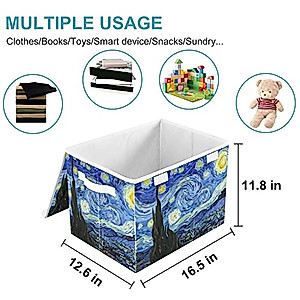 CaTaKu Large Fabric Storage Bins With Lids, Van Gogh The Starry Night Storage Boxes With Handles for Organizing Clothes, Collapsible Storage Cube Bins Baskets for Shelves