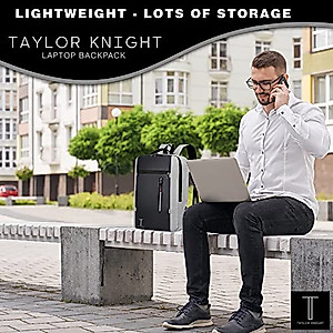 Taylor Knight Travel Laptop Backpack with USB Charging, Perfect for Business, School, College & Travel. Notebook Bag is suitable for Men and women, Great Gift for Laptop up to 15.6" (Grey)
