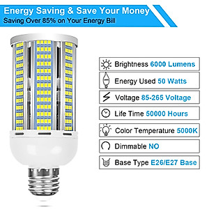 400W Equivalent LED Corn Light Bulb 6000 Lumen Led Corn Bulb 50W Super Bright 5000K Daylight White E26/E27 Base LED Light Bulb for Home Garage Lighting Garage Backyard Office Household