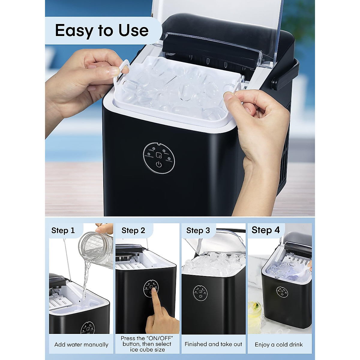 FOHERE Countertop Ice Maker with Handle, Portable Ice Machine Self-Cleaning, 28 lbs in 24Hrs, 2 Sizes of Bullet Ice, Ice Ready in 6 Mins, with Ice Scoop & Basket, for Home/Kitchen/Camping/RV