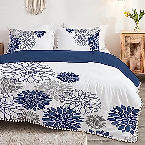 ORTIGIA Boho Pom Pom Fringe Duvet Cover Set Queen Size,Blue Dahlia Floral Duvet Cover Set Soft Washed Microfiber 1 Bed Cover (90"x90") with 2 Pillow Shams(20"x 26") 3 Pieces Comforter Cover