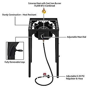 Portable Propane Gas Grill with Cast Iron - High Pressure Single for Outdoor Cooking Camping and Patio 75000-BTU Powerful Stove Cookware Equipment