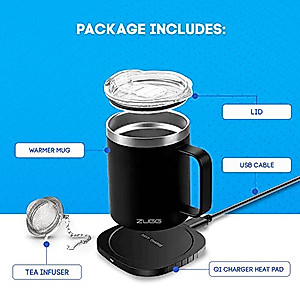 ZUGG Coffee Mug Warmer with Self-Warming Insulated Drink Cup, Home and Office Desk Accessory with Qi Heater, Double Wall Stainless Steel, Premium 2 Pc. Gift Set (Black)