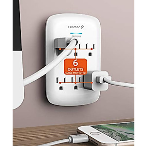 6 Outlet Wall Mount Surge Protector, Fosmon 3-Prong Surge Suppression 1200 Joules, 15A 125VAC 60Hz 1875Watts Wall Outlet Adapter, Grounded LED, ETL Listed - White