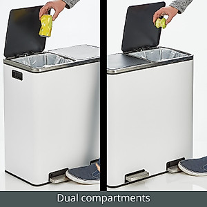 mDesign Metal Steel 16 Gallon/60-Liter, Large Dual Compartment Step Trash Can; Double Bin Trash Can/Recycler Combo for Kitchen; Holds Garbage, Recycling; Features Two Removable Liner Buckets - White