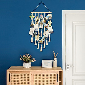 Mkono Hanging Photo Display Boho Macrame Wall Decor with Light, Teen Girl Teenage Gifts, Pictures Cards Frame Holder Art Hanger for Birthday Party Room Bedroom Dorm, with 30 Wood Clips, Ivory