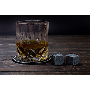 Whiskey Stones Gift Set - 8 Granite Chilling Whisky Rocks - 2 Large Crystal Whiskey Drinking Glasses - 2 Coasters in Handmade Wooden Box – Premium Bar Accessories for the Best Tasting Beverages