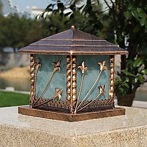 MODEBHD Outdoor Waterproof Post Light Square Antique Metal Column Post Light Rainproof Courtyard Lawn Pillar Lamp European Home Decor Villa Garden Wall Sconce Lantern External Safety Lighting