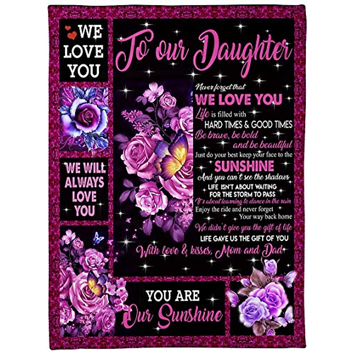Ananas Pru Parent to Daughter Blanket, to Daughter from dad and mom You are Sunshine Violet Rose Butterfly White Fleece Blanket, Daughter Blanket, Daughter Present, idea, Family Love Blanket