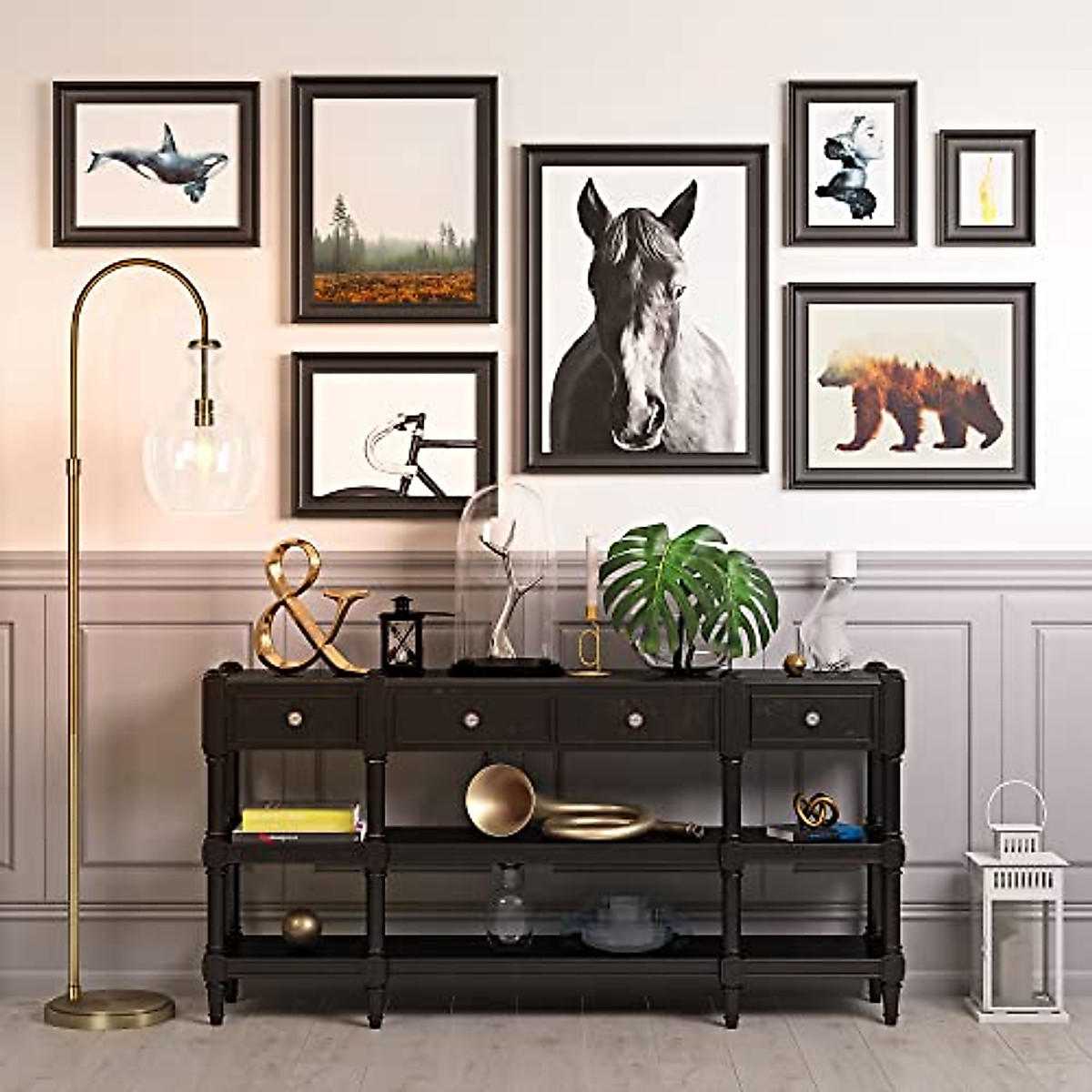 Henn&Hart Arc Floor Lamp with Glass Shade in Brass/Clear, Floor Lamp for Home Office, Bedroom, Living Room