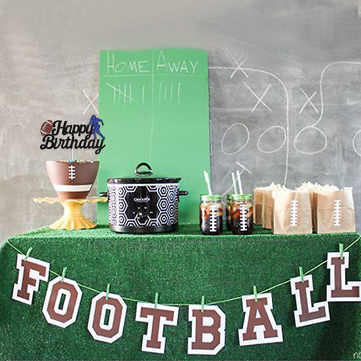 Football Cake Topper - Happy Birthday Cake Topper for Football/Sport theme Birthday Party decoration (Black Glitter)
