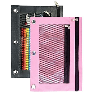 SORDIM 3 Ring Binder Pencil Pouch, 2 Pack Pencil Pouches with Zipper-Pencil Case with Double Pocket and Mesh Window (pink and grey)