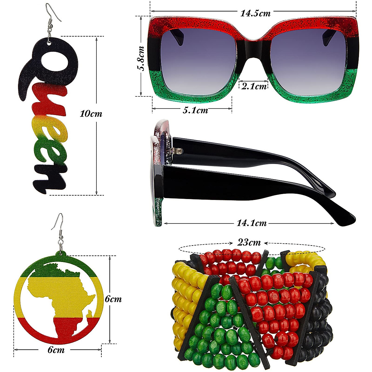 Zhanmai 4 Pieces Juneteenth African Women's Jewelry Set Jamaica accessories African Map Dangle Earrings Queen Wooden Earrings Oversized Square Sunglasses Rasta Beaded Bracelet for Black Women