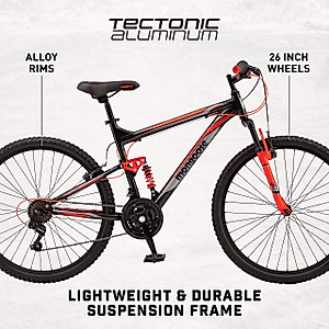 Mongoose Status 2.2 Mountain Bike for Men and Women, 26-Inch Wheels, 21-Speed Shifters, Aluminum Frame, Front Suspension, Black/Red