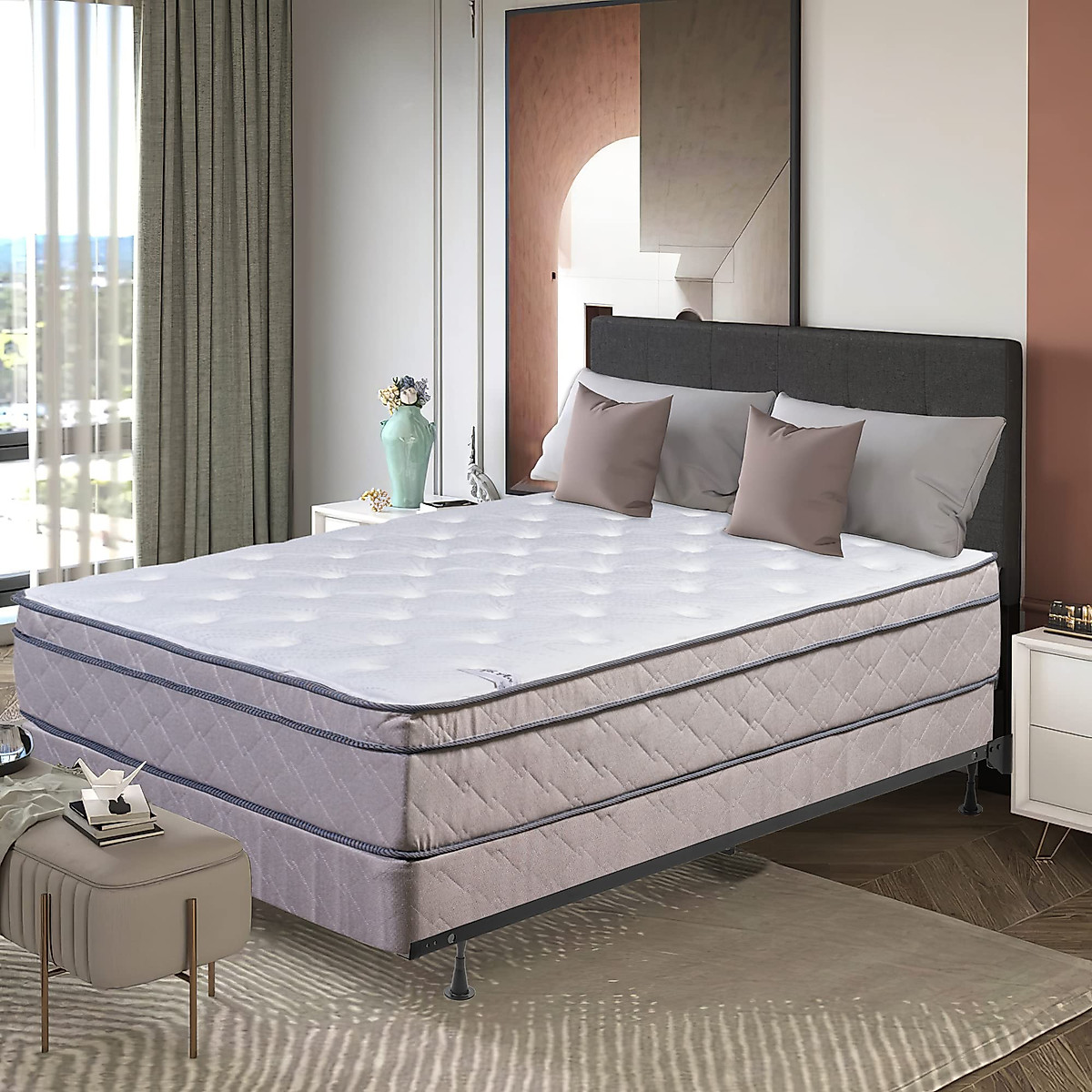 Greaton 13 Innerspring Eurotop Mattress and 4-inch Split Box Spring/Foundation Set with Frame No Assembly Required, Full XL, 53x79