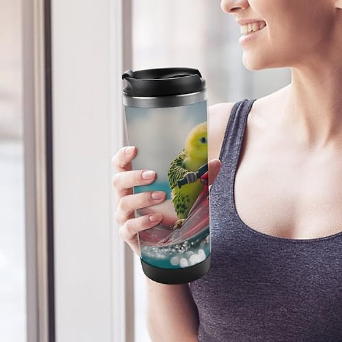 Cute Budgie on Motorboat Travel Coffee Mug Reusable Insulated Drinking Cup with Lid for Home Outdoor Works 13 Oz