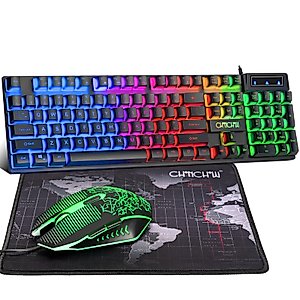 CHONCHOW Gaming Keyboard and Mouse Led USB Wired with Light Up Key 3600DPI 2 Side Button Mouse Keyboard Rainbow Backlit Mechanical Feeling Compatible with PC Mac Xbox Ps4 Ps5 with Mousepad