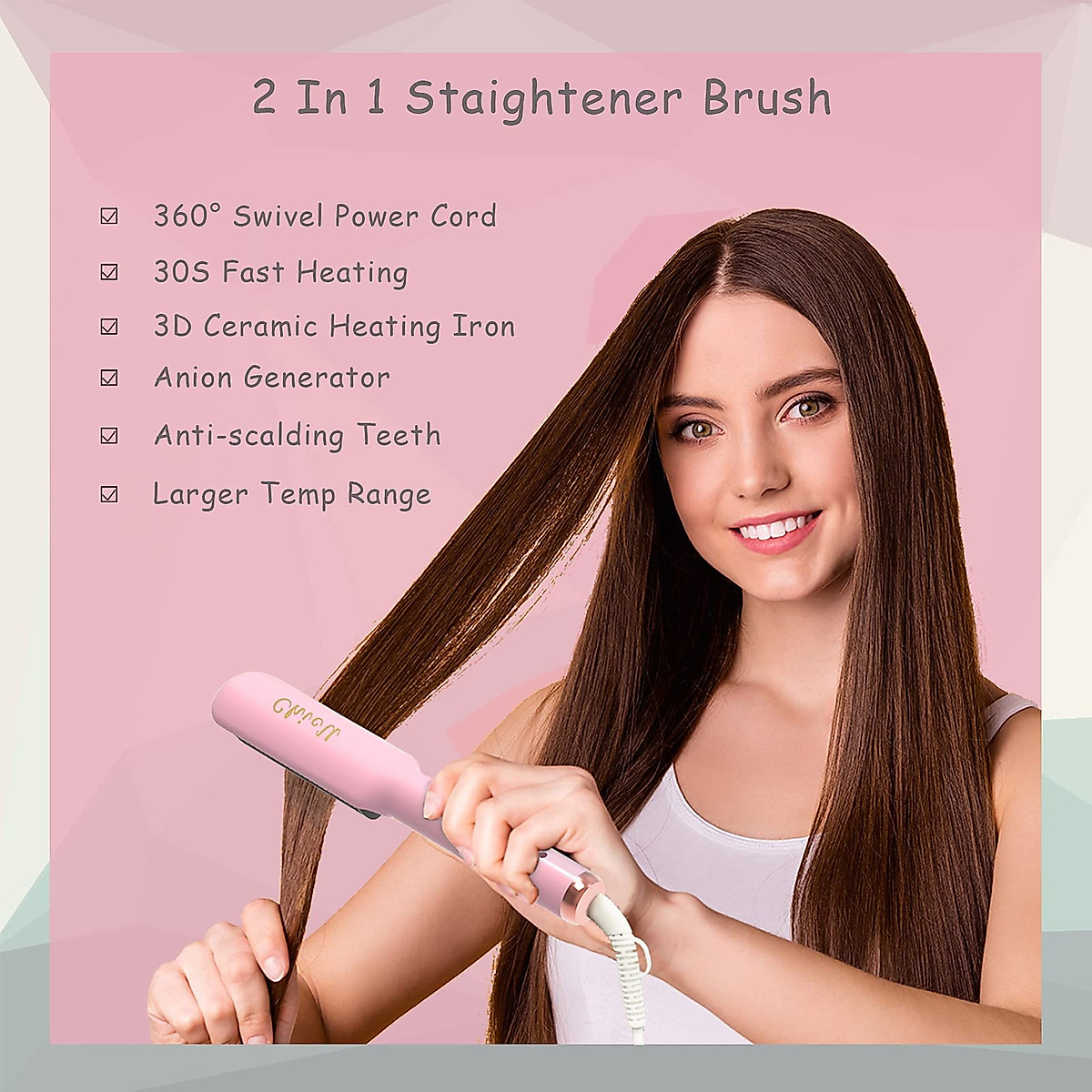 ChicU Hair Straightener Brush Ceramic Heated Styling Appliance Hot Comb for Women Plancha Cabello with Anti-Scald Auto-Off 20S Fast Heating 17 Temp Settings