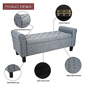 Babion Storage Bench for Bedroom End of Bed,Linen Ottoman Bench with Storage and Arms,Upholstered Fabric Storage Bench with Button Tufted,Large Storage Bench for Bedroom, Bench Linen Dark Gray