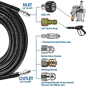100FT Sewer Jetter Kit for Pressure Washer, 5800PSI Drain Cleaner Hose 1/4 Inch NPT Corner, Rotating and Button Nose Sewer Jetting Drain Jetter Hose Nozzle Pearl Corsage Pin Spanners Waterproof Tape