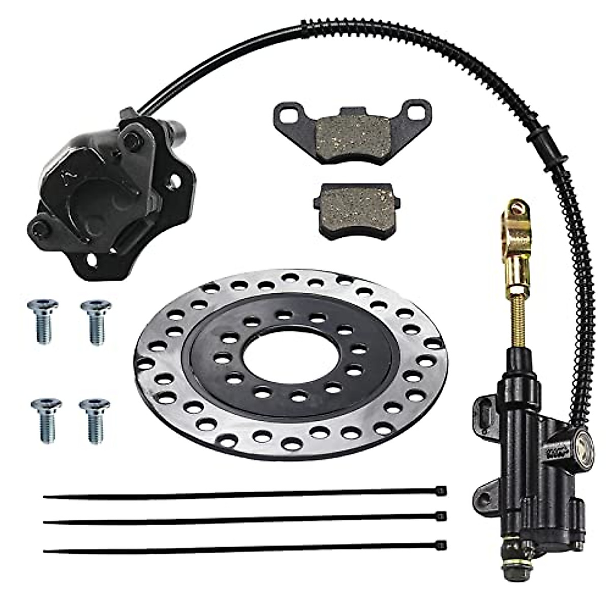 PRO BAT Rear Brake Master Cylinder Caliper Assembly+Brake Disk Rotor+Brake Pad for 50cc 70cc 90cc 110cc 125cc Chinese Quad Taotao Boulder B1 Coolster 3050HD ATV Kids Four Wheeler