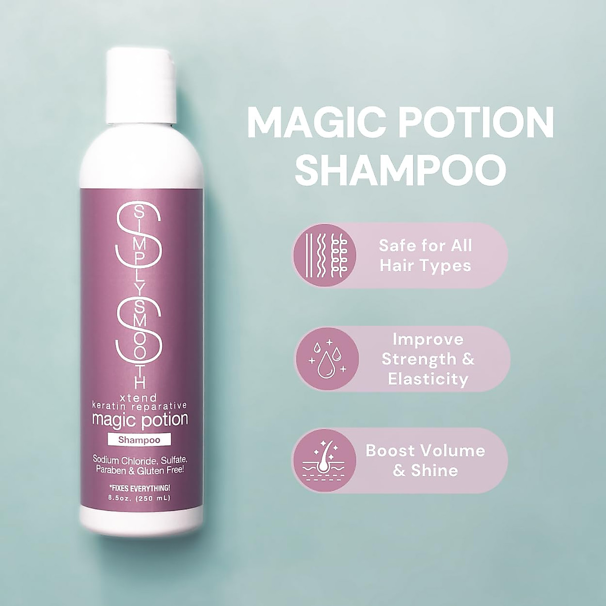 SIMPLY SMOOTH Magic Potion Shampoo Paraben Free Daily Shampoo Restore & Repair Dry, Damaged, Keratin Depleted Hair Hydrate & Create Soft, Healthy Hair For All Hair Type 8.5oz