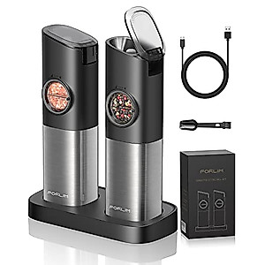 Gravity Electric Salt and Pepper Grinder Set, 𝐔𝐩𝐠𝐫𝐚𝐝𝐞𝐝 Large Capacity, USB Rechargeable Automatic One Hand Operated, Adjustable Coarseness, Auto Dust Lid, LED Light, Stain Steel Grey, 2 Mills