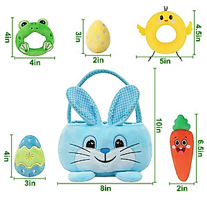 Treory Baby's First Easter Basket Playset, 6ct Stuffed Plush Easter Basket with Blue Bunny Chick Carrot Egg Frog Baby Easter Basket Stuffers Toys Easter Gifts for Boys Kids Easter Decorations