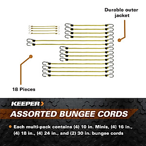 Keeper - Assorted Round Bungee Cords in Multiple Colors, 18 Pack - 8”, 10”, 24", 36”, and 48”
