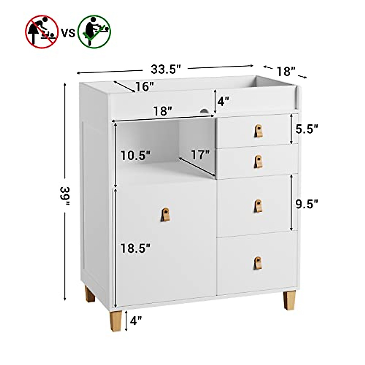 Timechee Baby Changing Table Dresser, 33.5" Baby Nursery Dresser with Drawers & Shelf, Wooden Storage Dresser Chest w/Changing Station for Infant Kids Bedroom, White