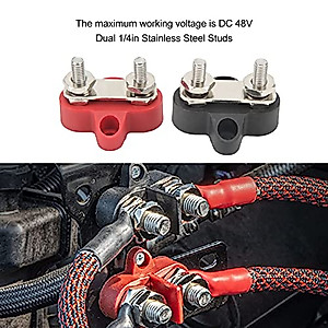 Power Distribution Terminal Block 1/4in Power Stud Battery Junction Block Post Distribution Block Insulated with Cover DC 48V 80A M6 Positive Negative 2 Studs Battery Junction Block