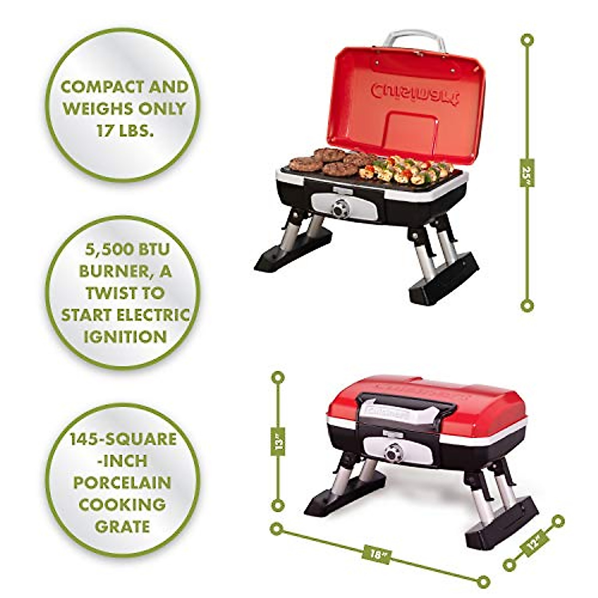 Cuisinart CGG-180T Portable, 17.6 x 18.6 x 11.8-Inch, Petit Gourmet Tabletop Gas Grill, Red
