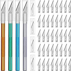 4 Pieces Craft Knife Knife Hobby Knife with 40 Pieces Stainless Steel Blades Kit for Cutting Carving Scrapbooking Art Creation(Yellow, Green, Blue, Silver)