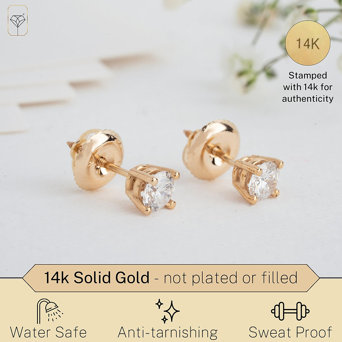 MAX + STONE IGI Certified 1/2 Carat Lab Grown Diamond Stud Earrings in 14k Real Yellow Gold with 4-Prong Setting