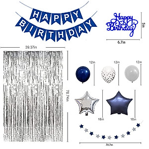 G-LOVELY'S Navy Sliver Birthday Decorations Set with Happy Birthday Balloon Letters Banner, Confetti Balloons, Fringe Curtain, Men Women Boys Girls Navy Blue Silver Birthday Party Supplies